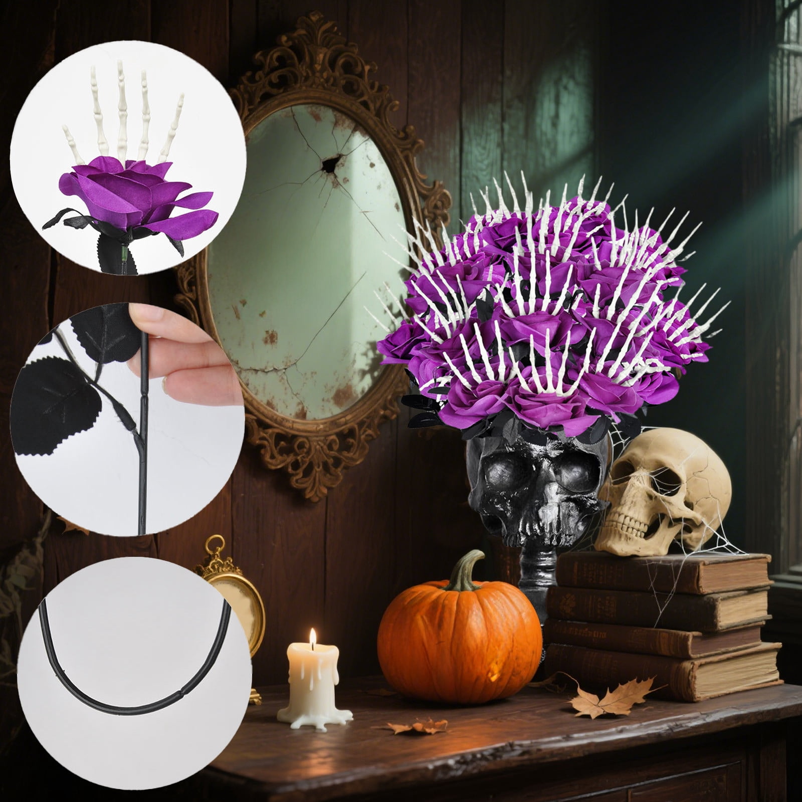 TaTaai 3Pcs Halloween Faux Rose Artificial Flowers with Skull Skeleton ...
