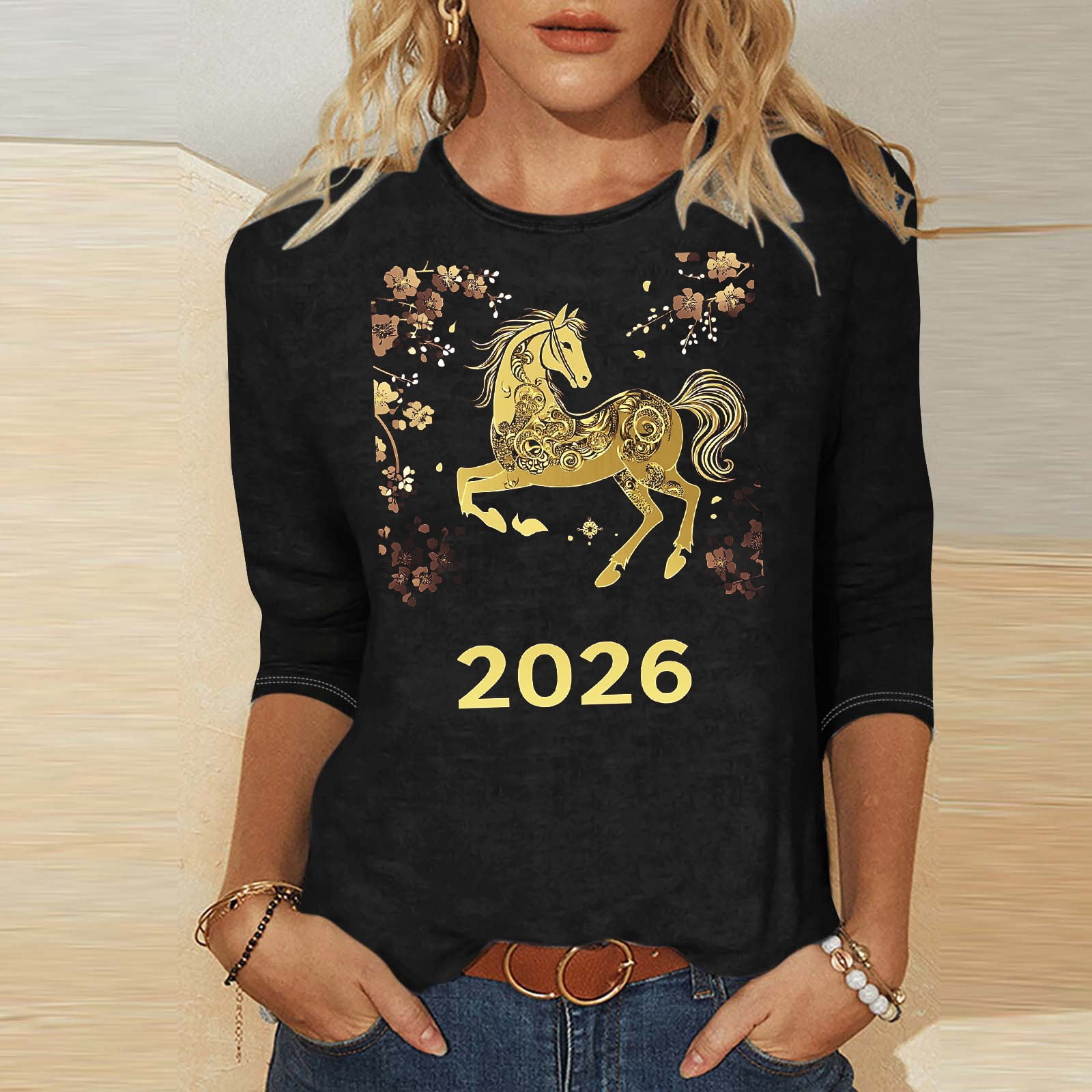 TaTaai Ladies 2026 New Year Festival Print 3/4 Sleeve Round Neck Blouse ...