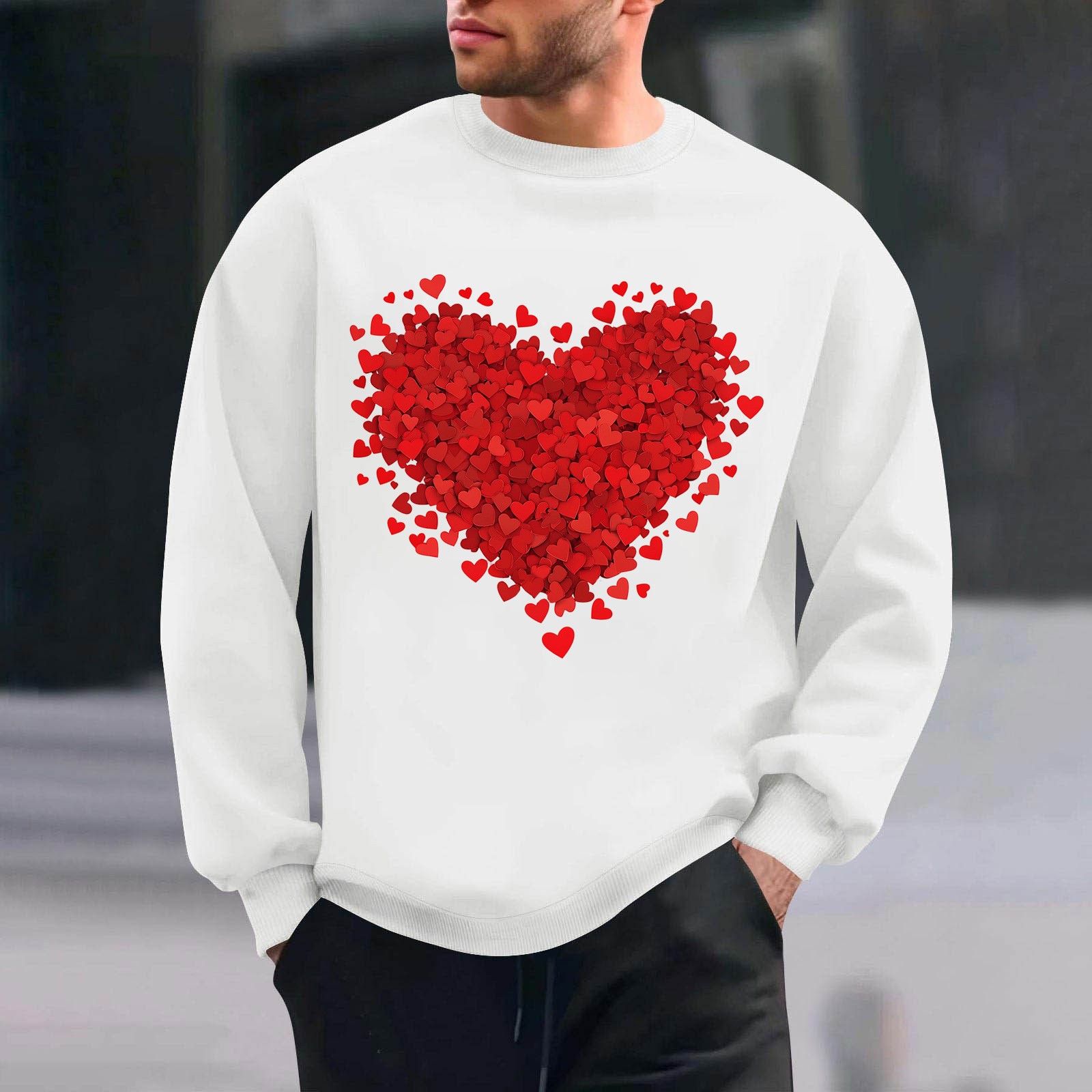 TaTaai Men's Valentine Heart Print Long Sleeve Round Neck Pullover ...