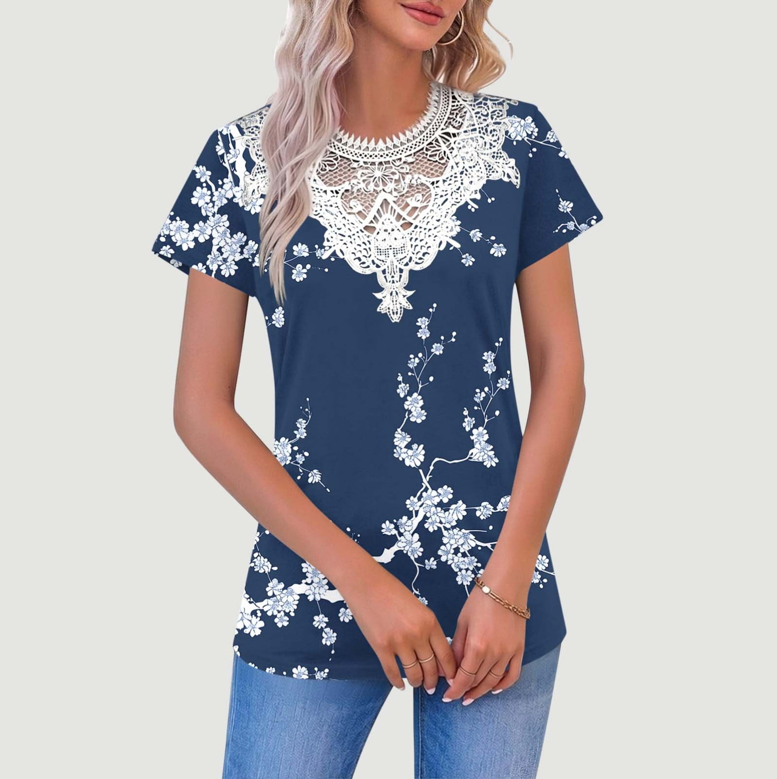 TaTaai Spring Floral Print Pullover Top for Women, V Neck Short Sleeve ...