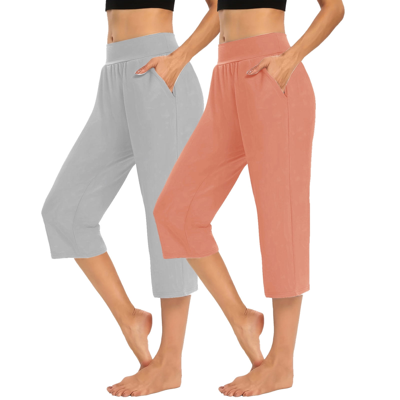 TaTaai Two Piece Womens Solid Elastic Waist Pocket Cropped Pants Loose ...