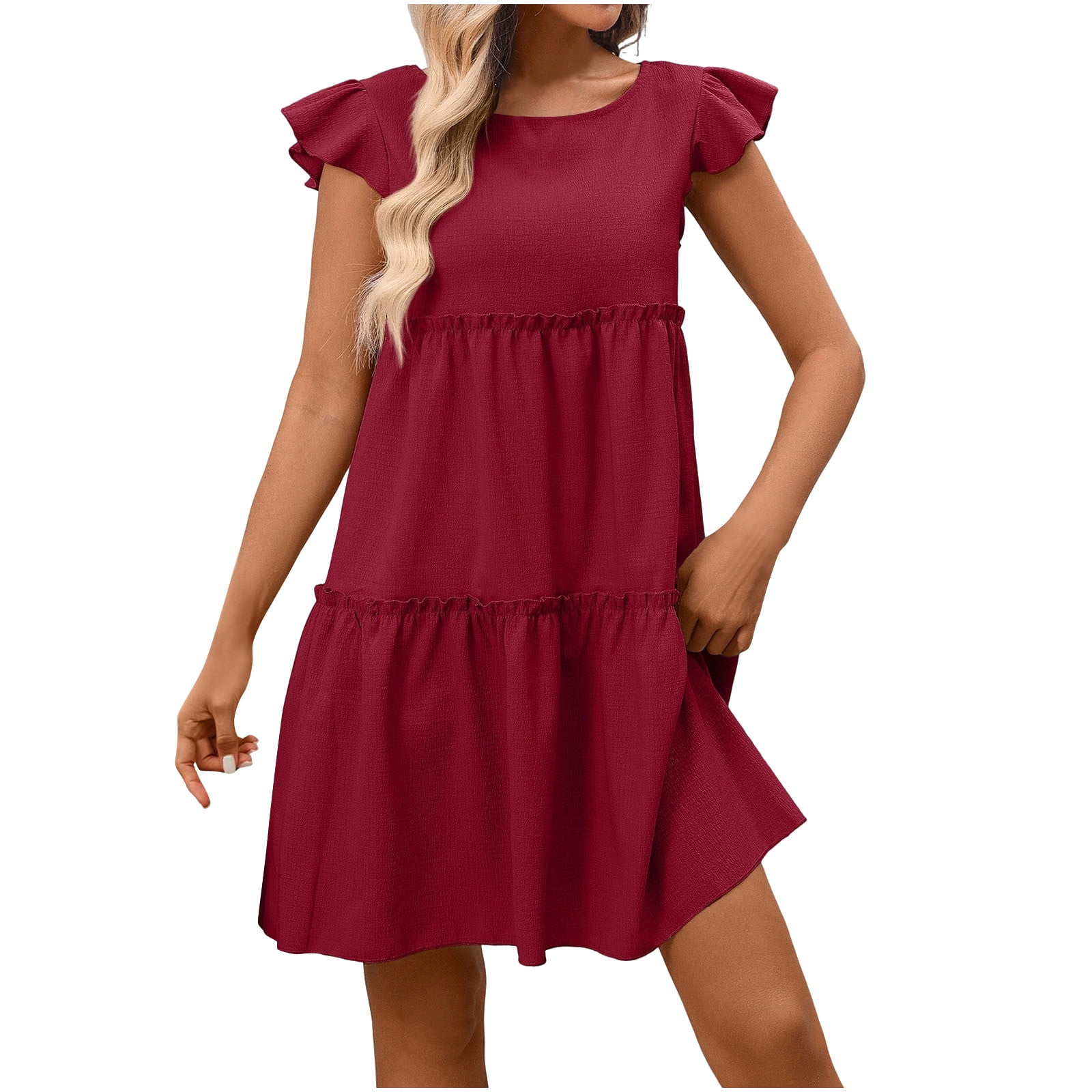 TaTaai Women's Boho Ruffle Maxi Dress Solid V-Neck Mini Sleeve Loose ...