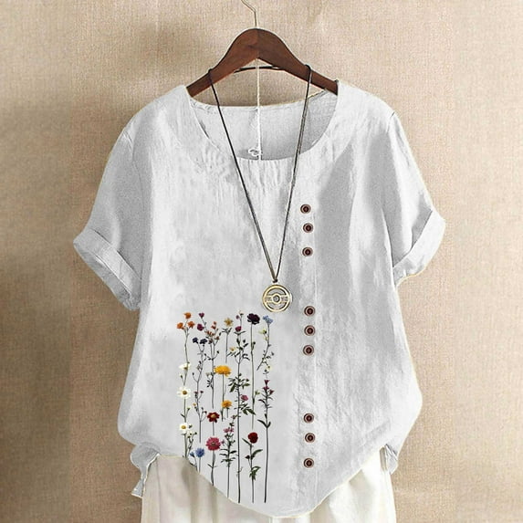 TaTaai Women's Casual Printed Round-Neck Blouse, Lightweight Short ...