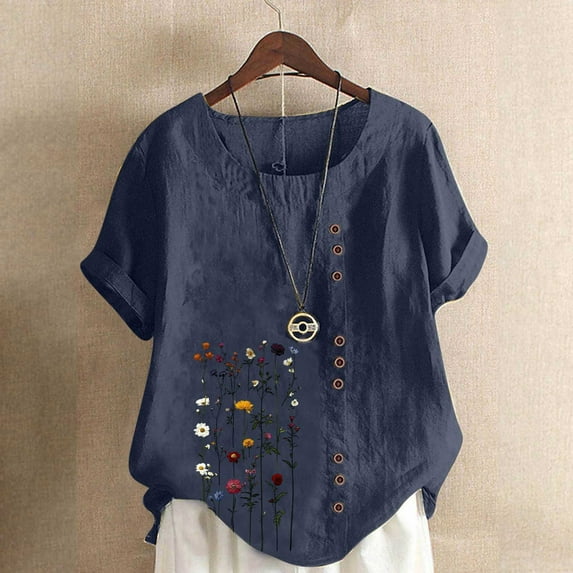 TaTaai Women's Casual Printed Round-Neck Blouse, Lightweight Short ...