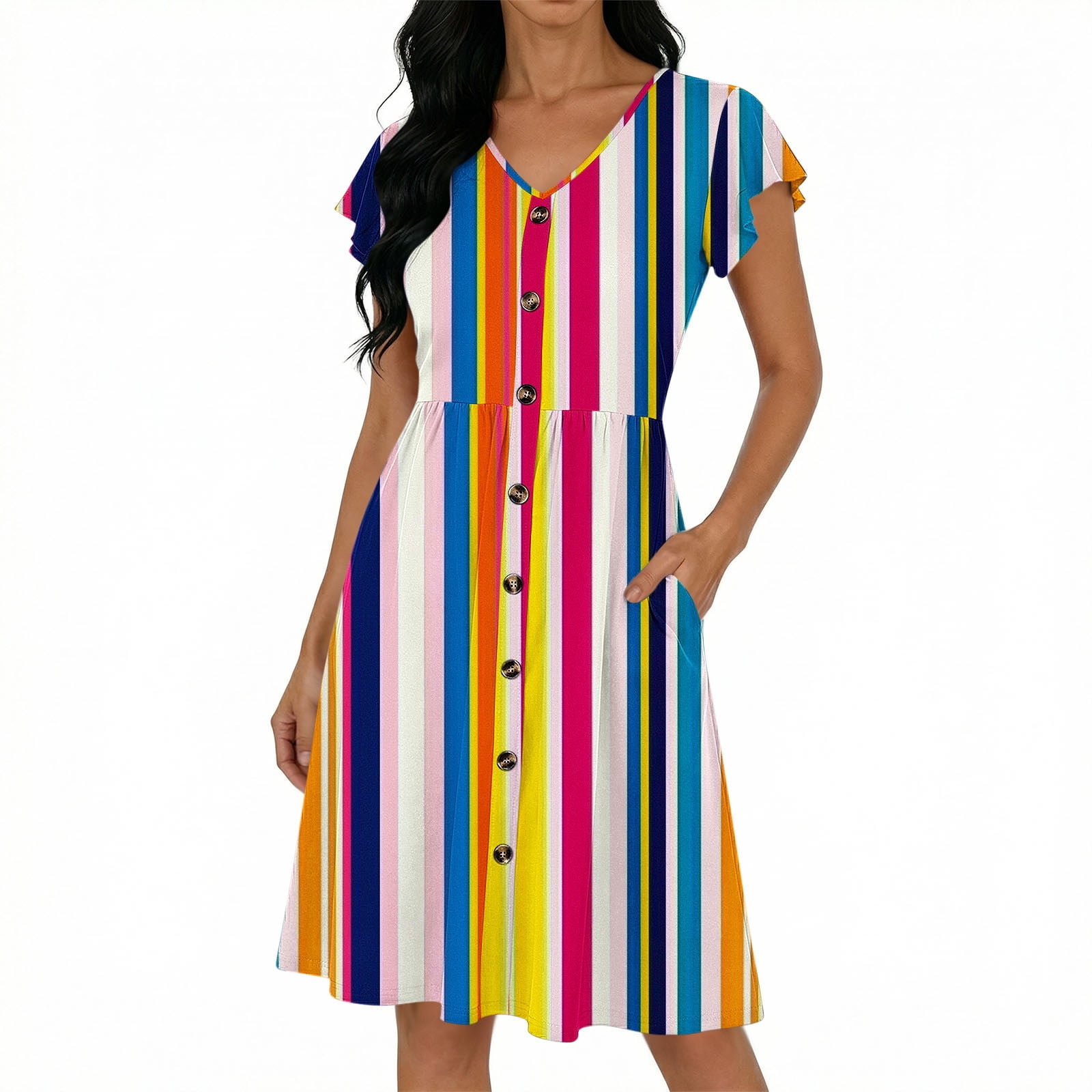TaTaai Women's Casual V-Neck Dress with Flutter Sleeves, Waist ...