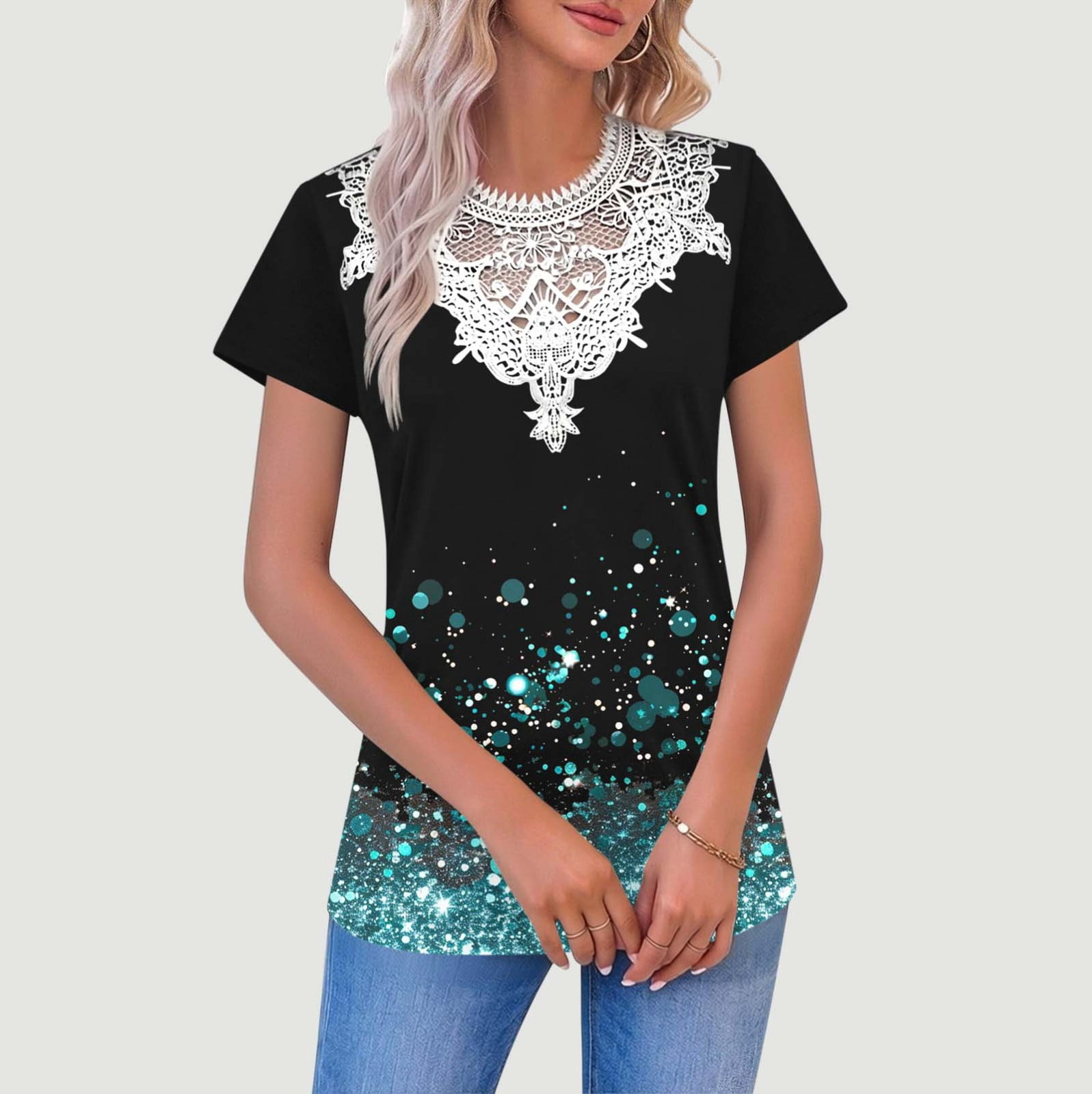 TaTaai Women‘s Floral Print Spring Top， V Neck Short Sleeve Pullover ...