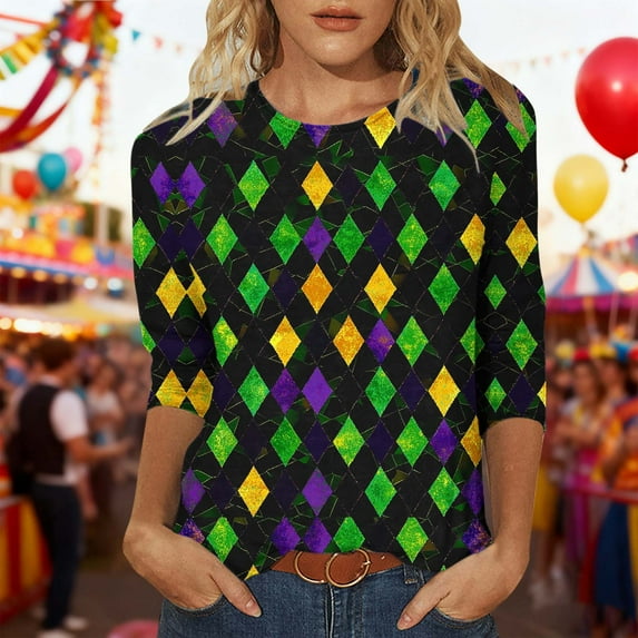 TaTaai Women's Mardi Gras Carnival Printed 3/4 Sleeve Casual T-Shirt ...