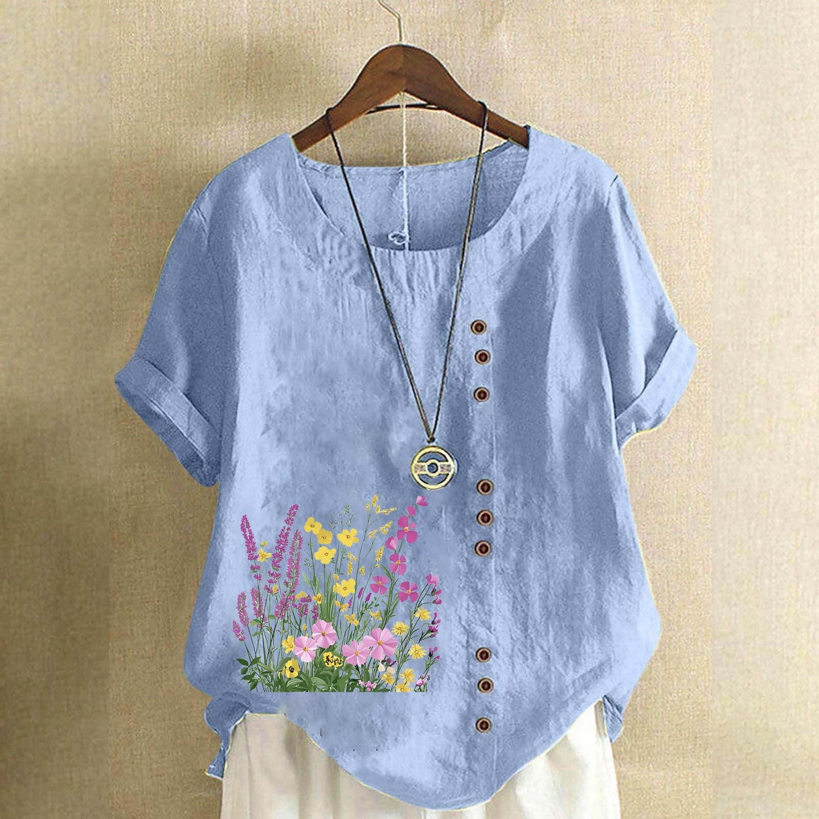 TaTaai Women's Spring-Summer Printed Short-Sleeve Blouse, Soft Round ...