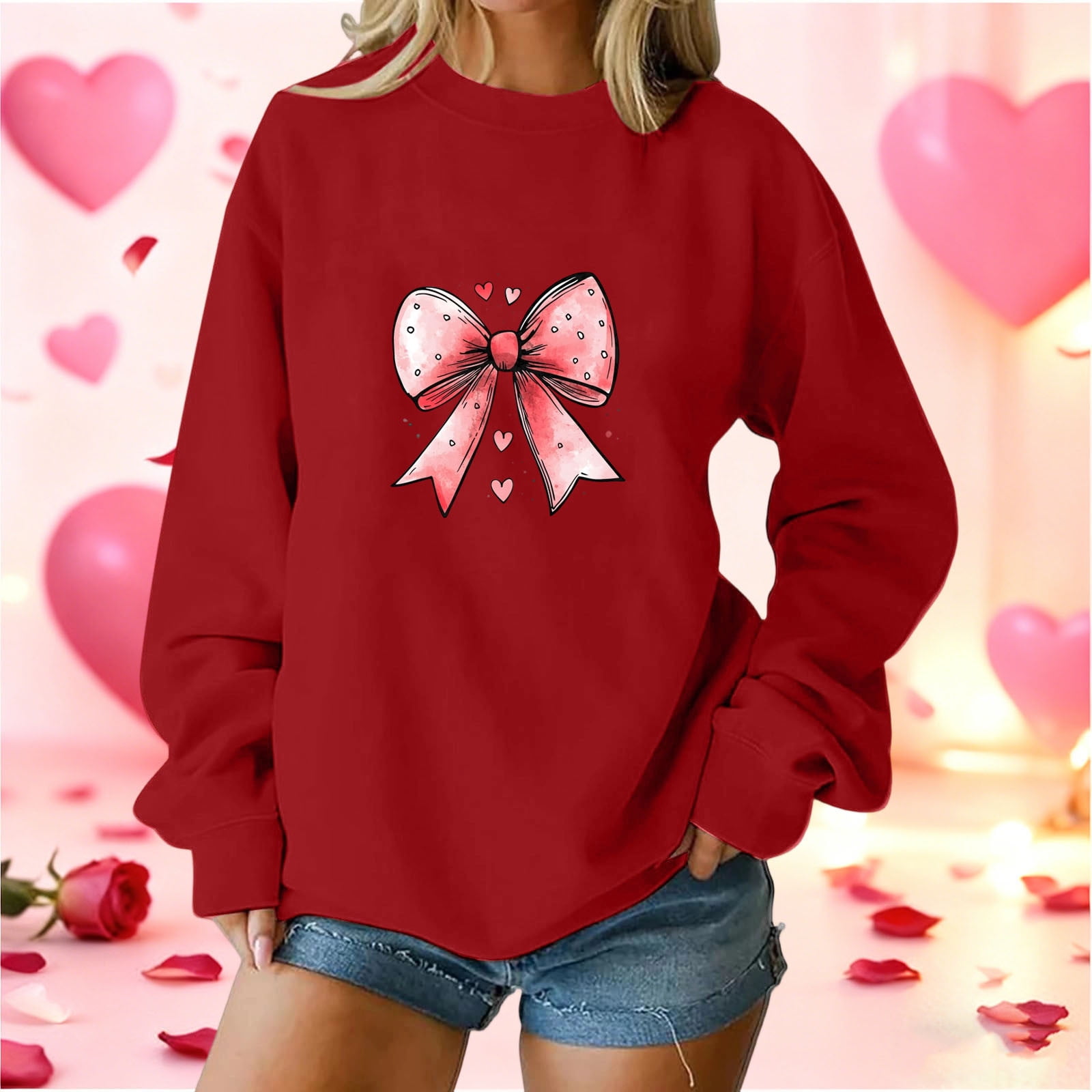 TaTaai Women's Valentine Bow Heart Print Sweatshirt, Cute Loose ...