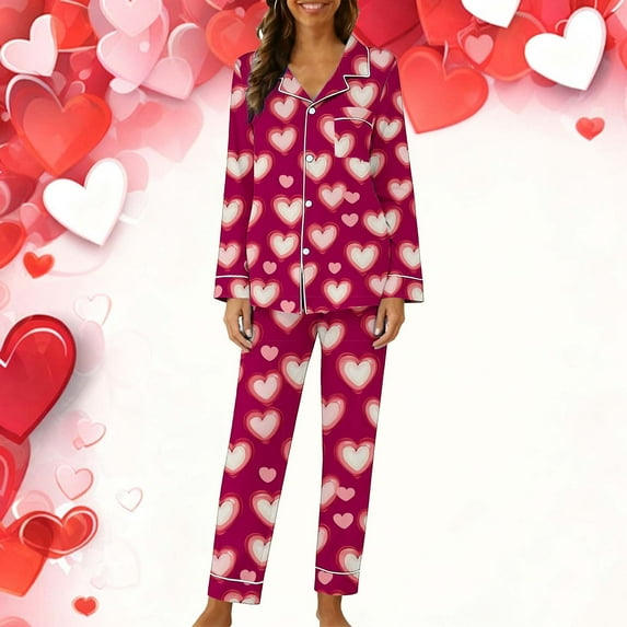 TaTaai Women's Valentine's Day Printed Lapel Loungewear Set, Long ...