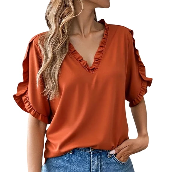 TaTaai Women's Vintage V-Neck Blouse Short Sleeve Button Front Solid ...