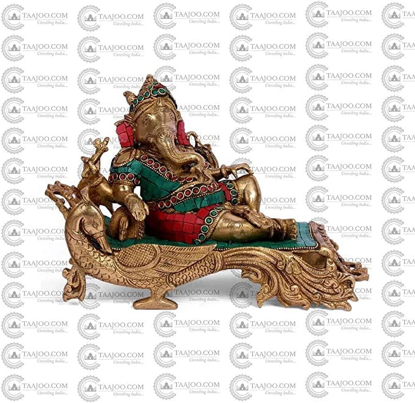 Taajoo Ganesha Resting On Peacock Throne Statue Brass and Stone ...