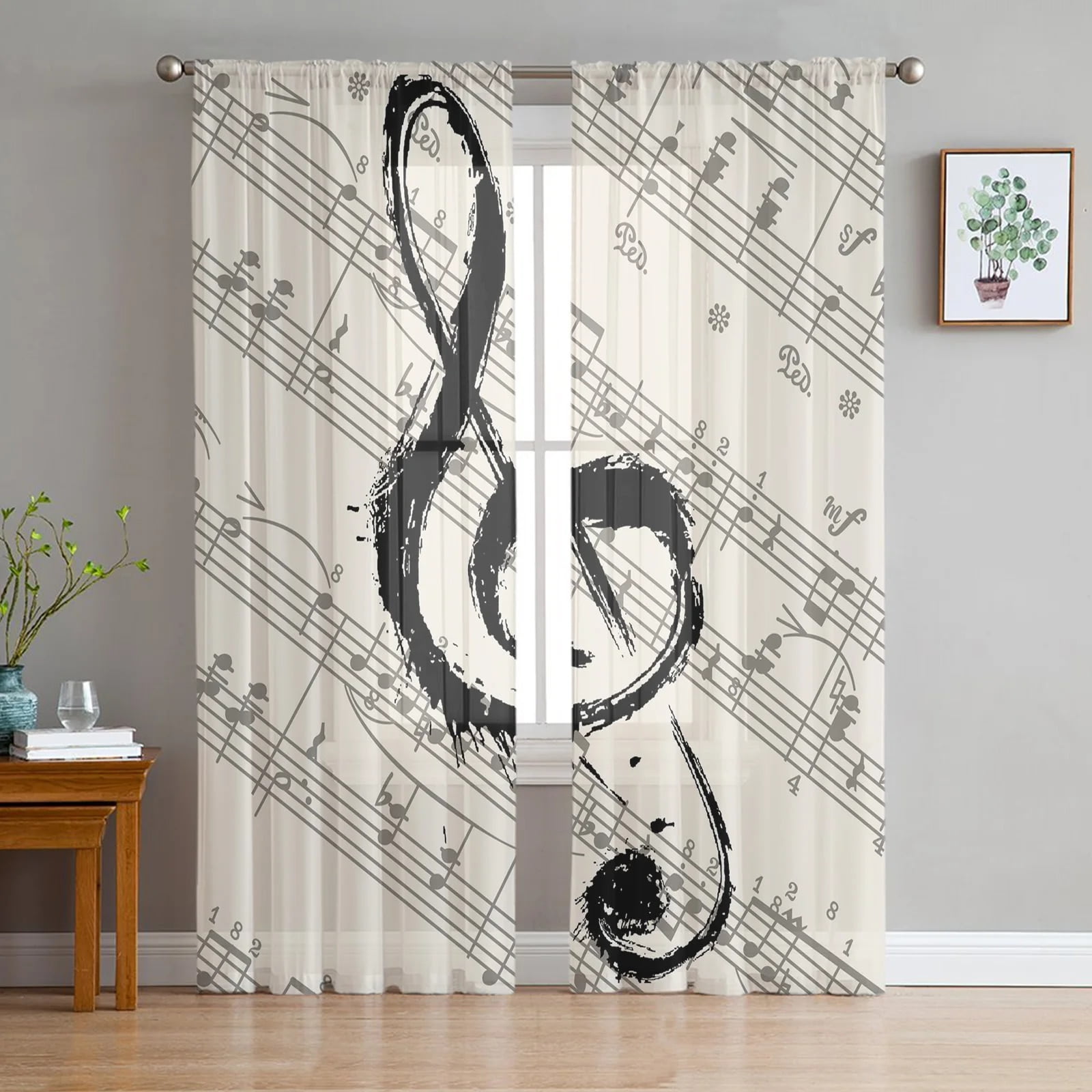Tab Music Note Black White Tulle Curtains For Living Room Bedroom ...