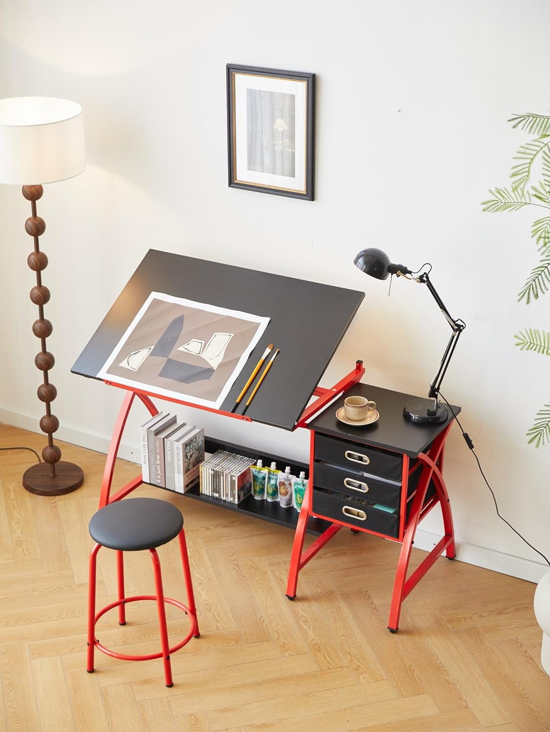 Tabaray Drawing Table, Adjustable Drafting Desk with Stool, 3 Storage ...