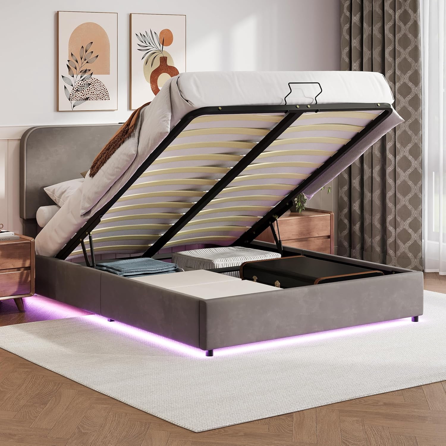 Tabaray Full Size Storage Bed Frame, Luxurious Lychee Velvet ...