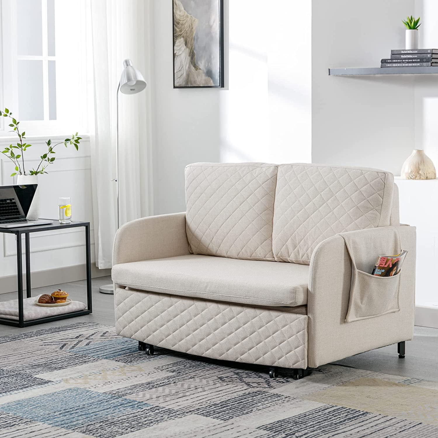 Tabaray Twin Sleeper Sofa (Beige), Mini Pull Out Couch Bed with Storage ...