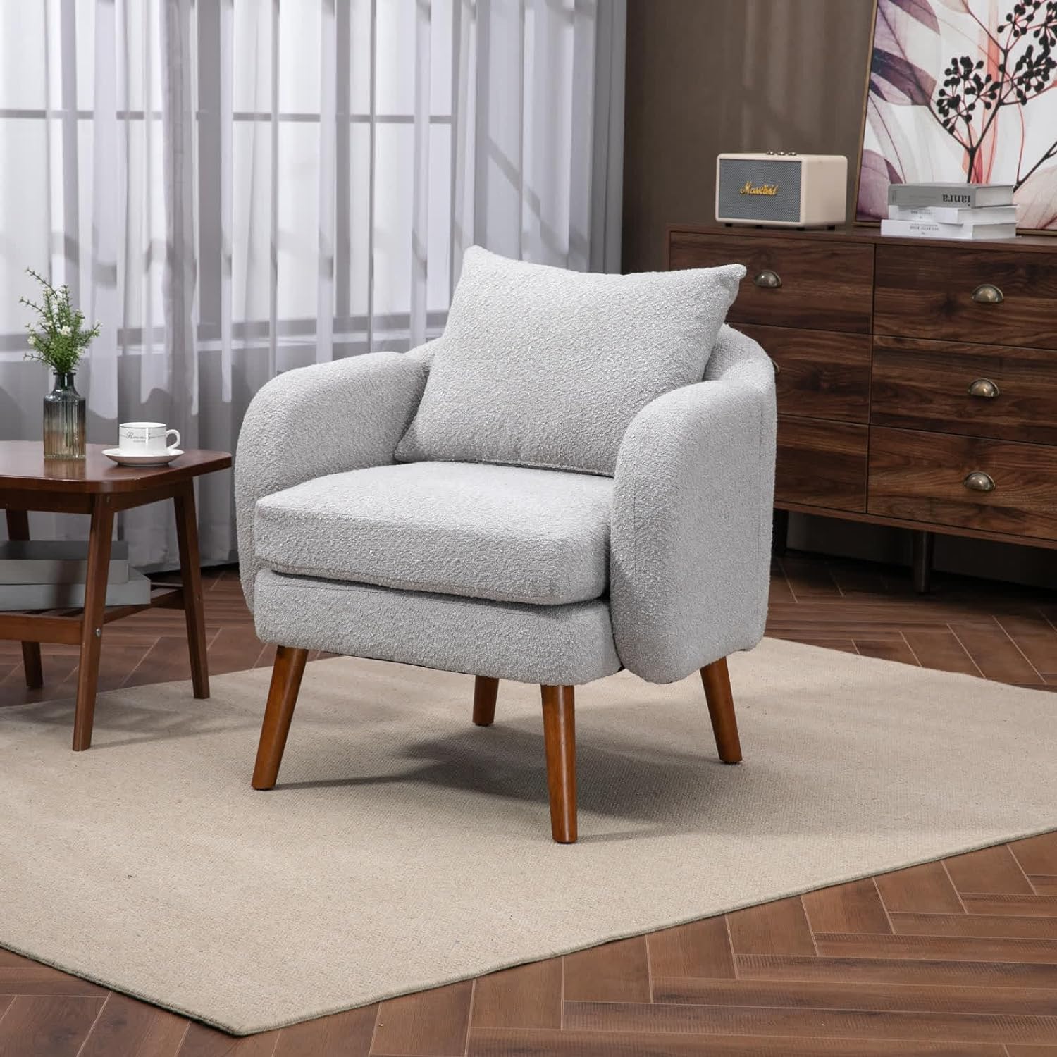 Tabaray Modern Accent Chair, Round Comfy Armchair, with Pillow, Wood ...