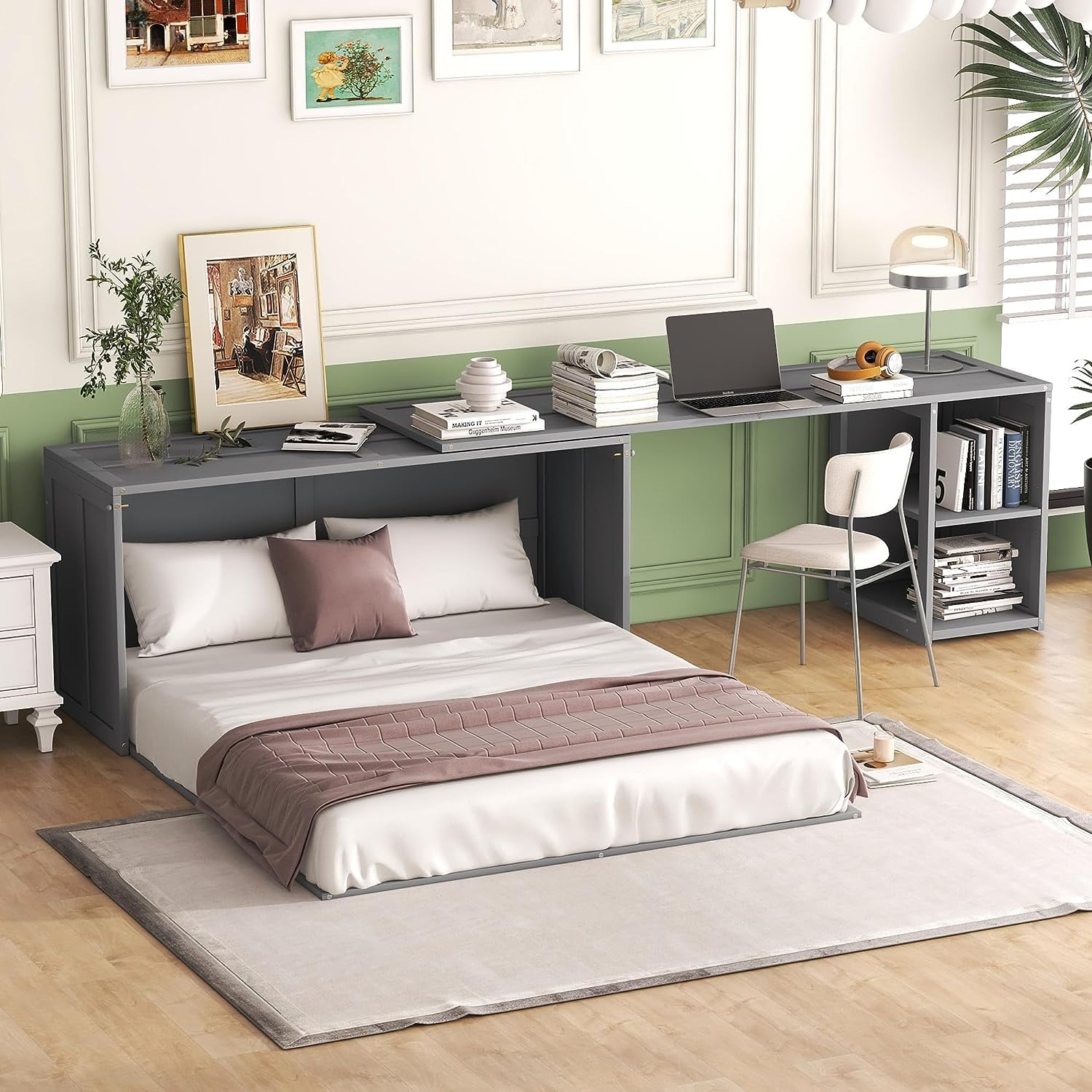 Tabaray Modern Murphy Bed With Movable Desk Solid Wood Queen Size