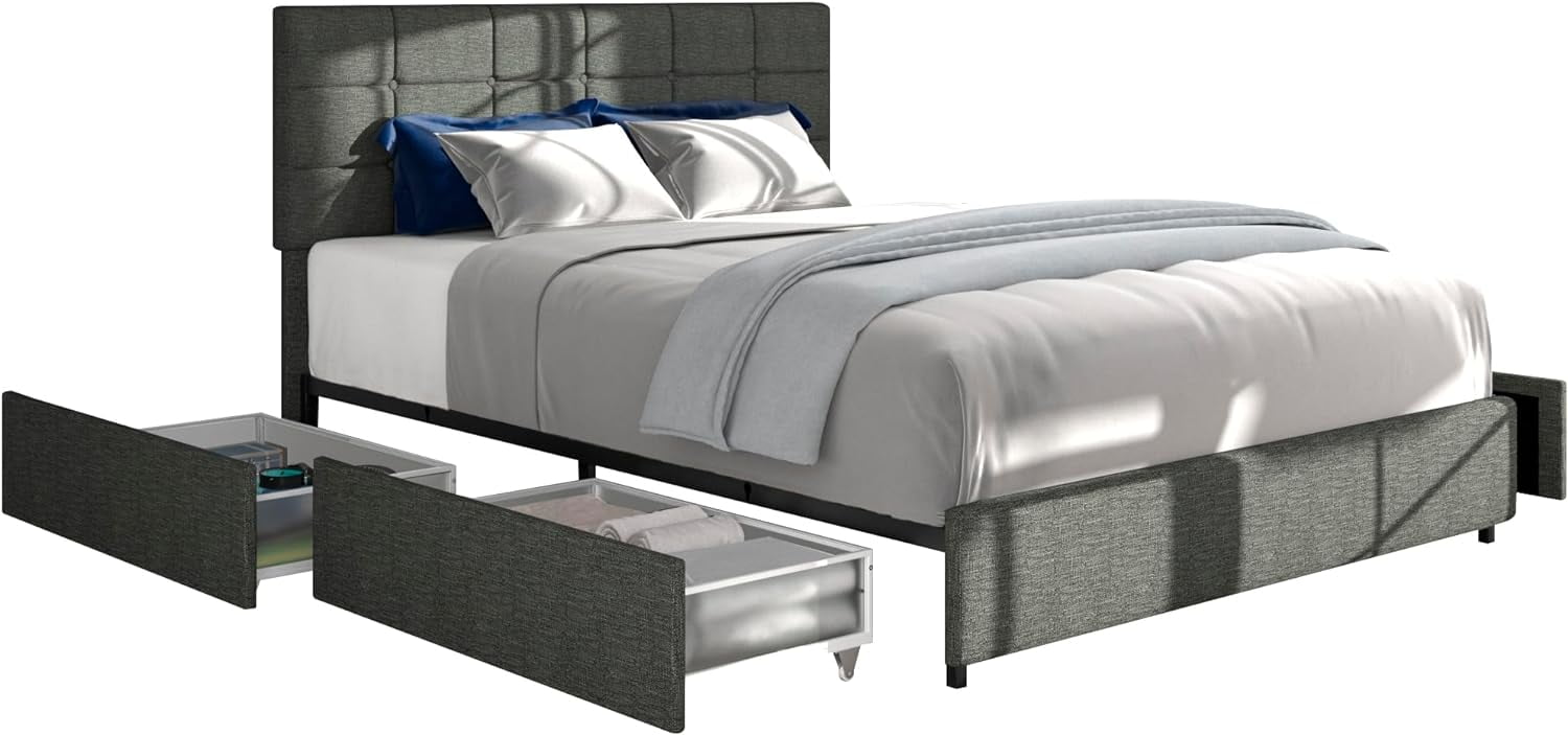 Tabaray Modern Vera Queen Size Platform Bed Frame with Luxurious Gray Linen Upholstery, Patented ...