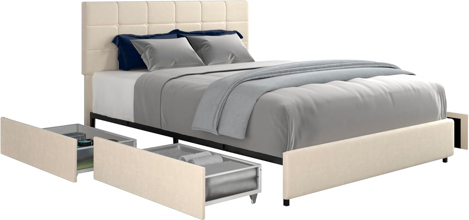 Tabaray Modern Vera Queen Size Platform Bed Frame with Luxurious Ivory Velvet Upholstery ...