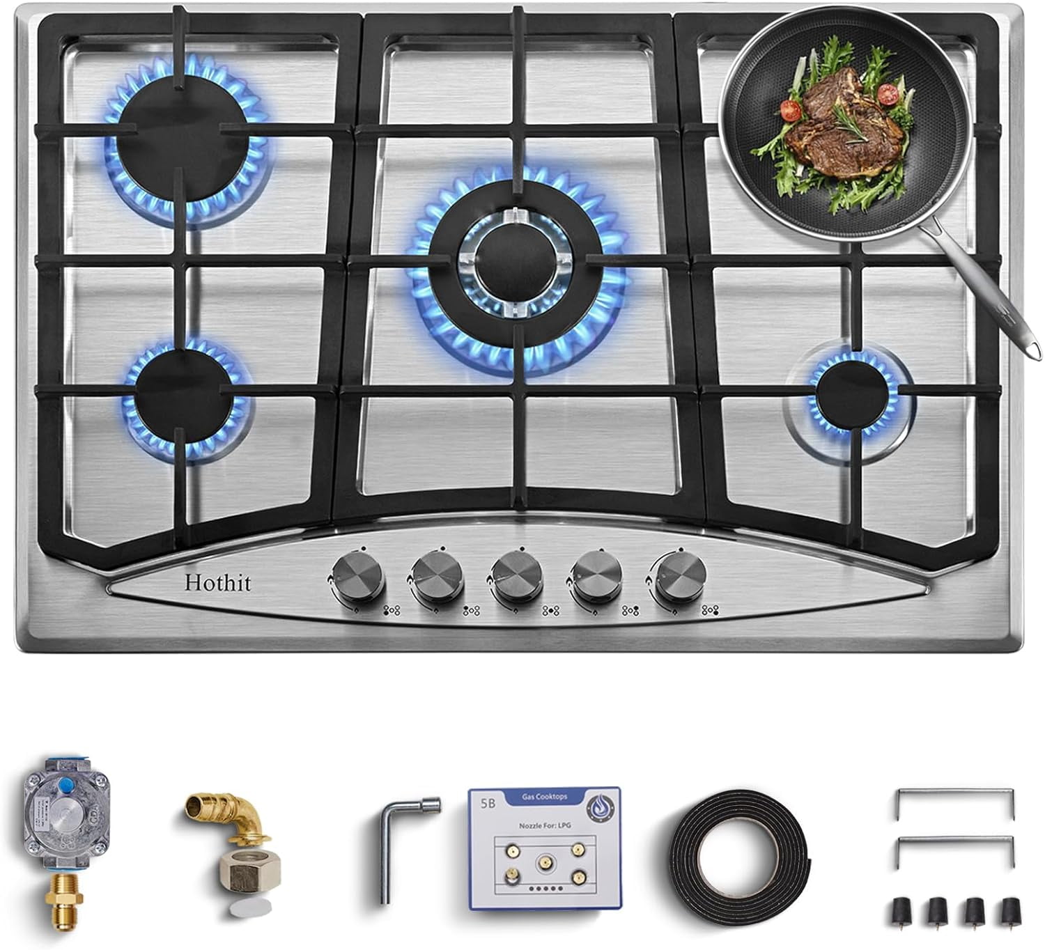 Tabaray Propane Gas Cooktop 30" Inch, 5 Burner Built-in Stainless Steel ...