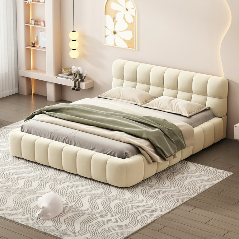 Tabaray Queen Size Bed Frame Upholstered Bed Frame Queen Modern Platform Bed Frame with Cushion Headboard Grounded Bed with Solid Frame No Box Spring Needed Queen Beige Walmart