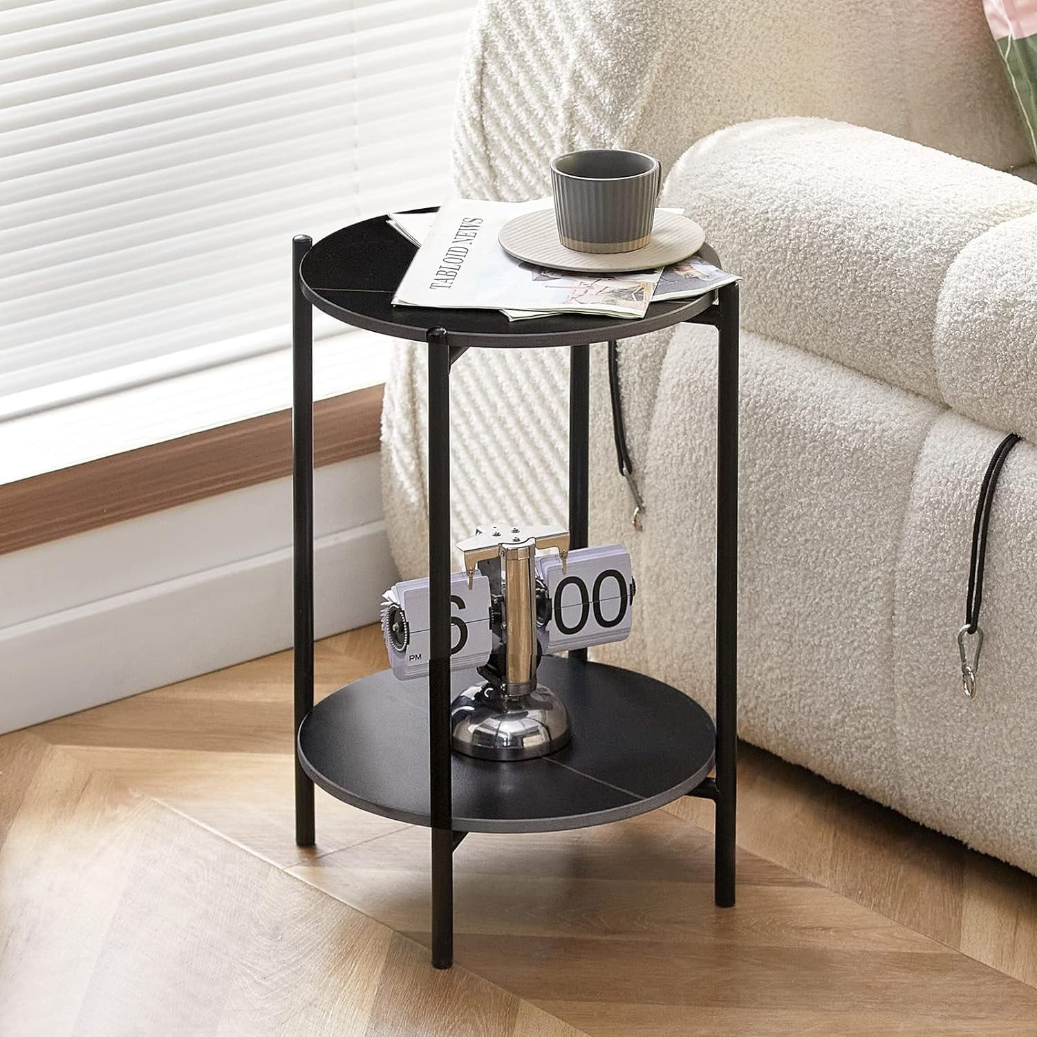 Tabaray Round Coffee Table with Black Metal Frame, 2 Layer Side Table ...