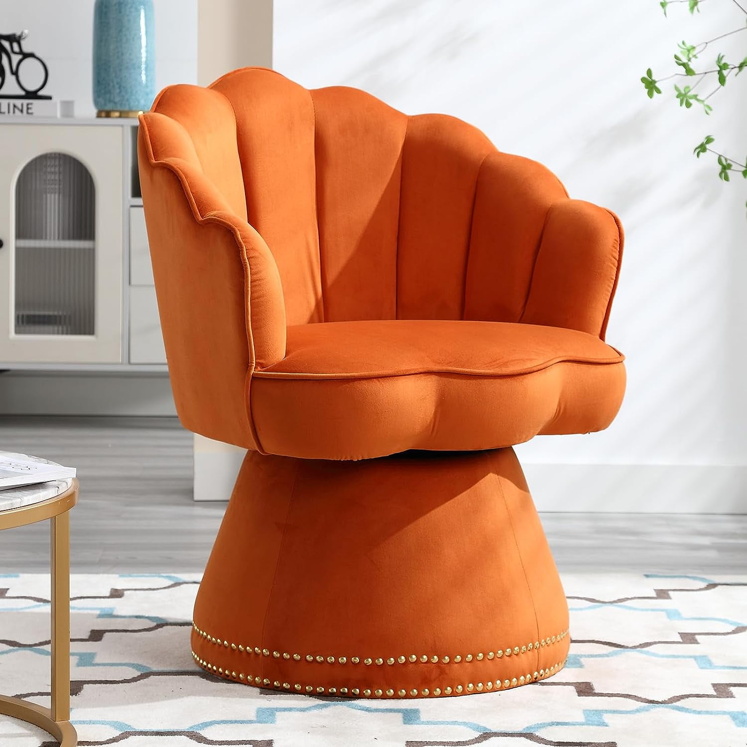 Tabaray Round Swivel Chair Modern Velvet Accent Chair Comfy Single Sofa Chair with Petals Upholstered Nailhead Trim Small Swivel Chairs for Small