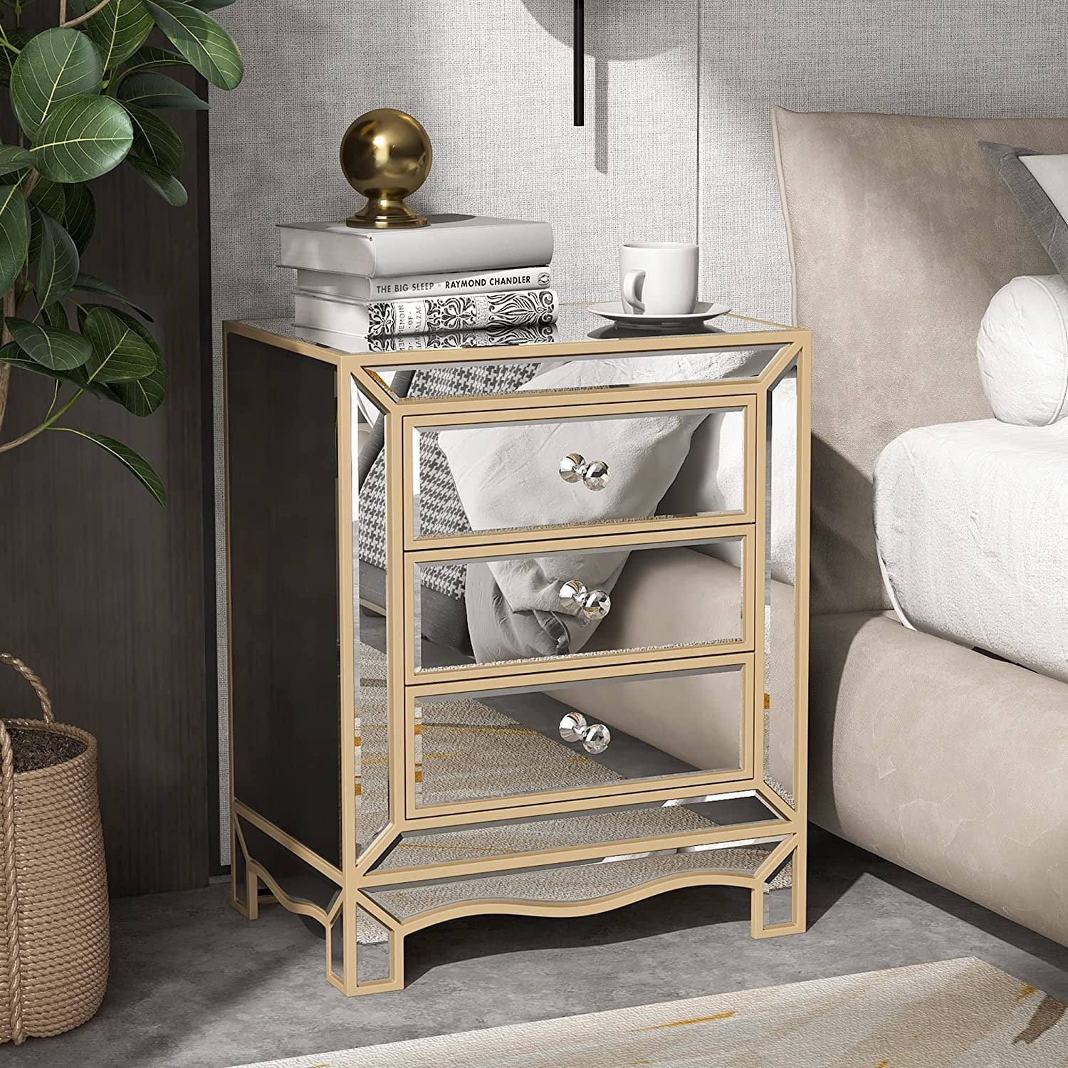 Tabaray Silver Nightstand, Mirrored End Table with 3 Drawers and ...