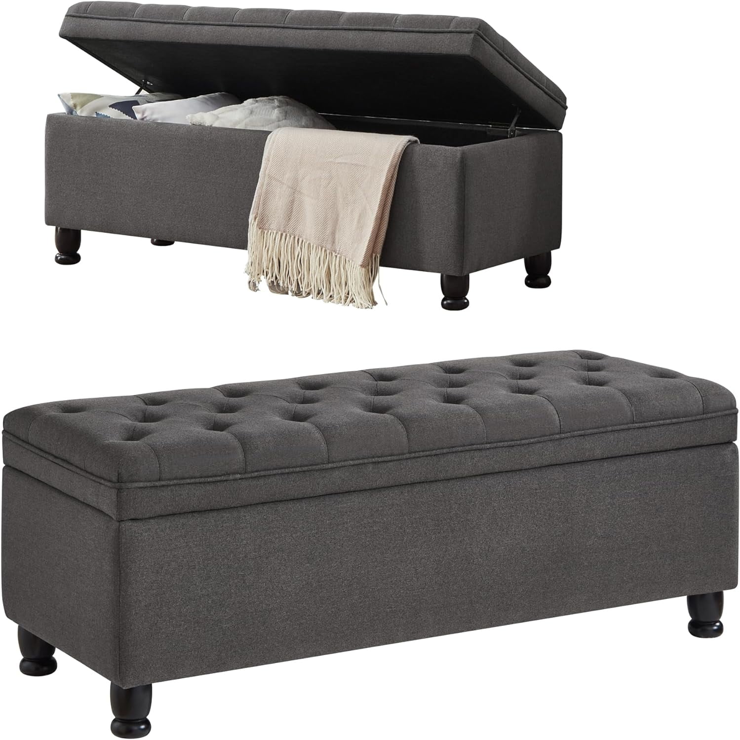 Tabaray Storage Bench, Linen Upholstered Bed End Storage Ottoman Bench ...