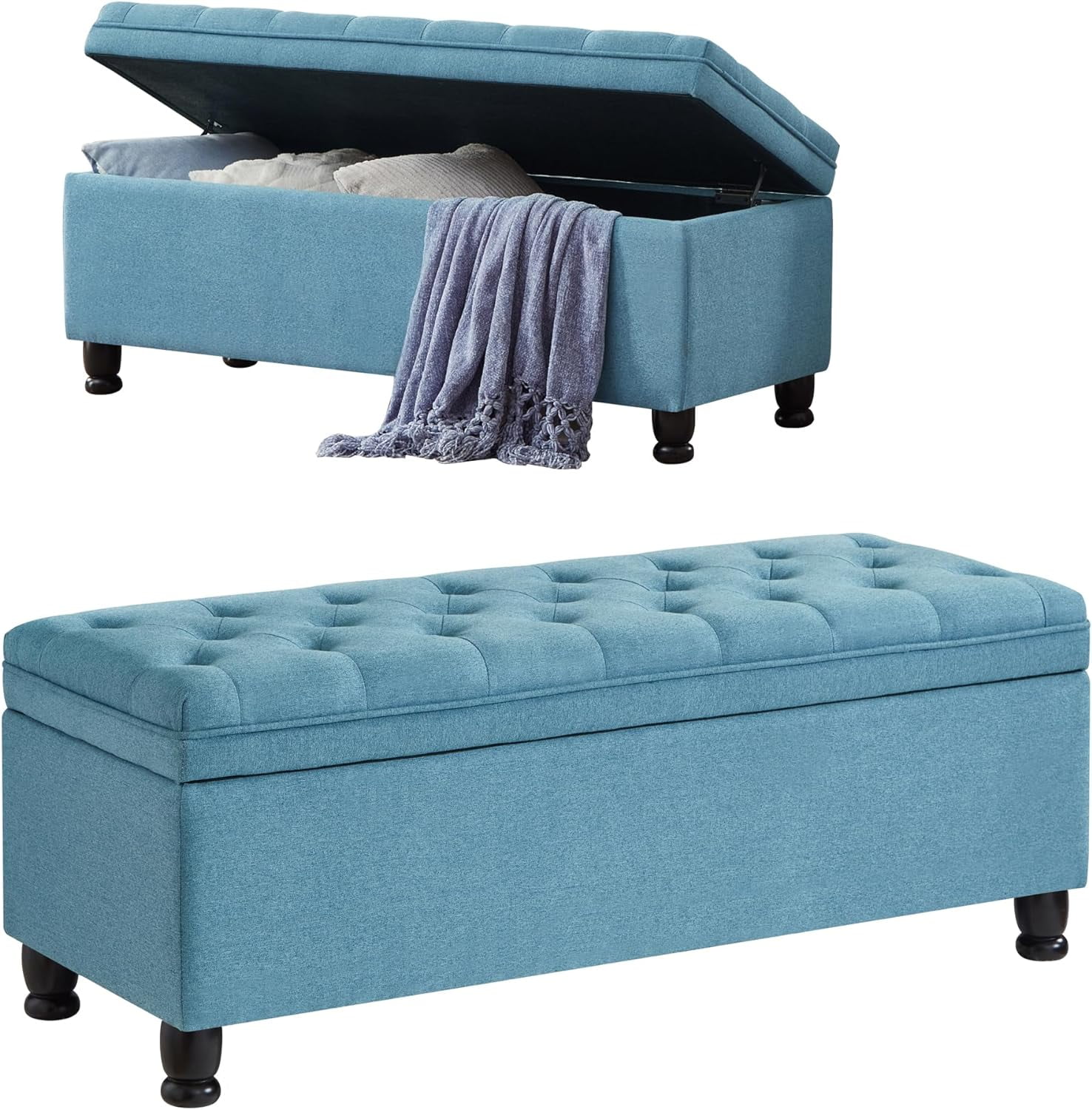 Tabaray Storage Bench, Linen Upholstered Bed End Storage Ottoman Bench ...