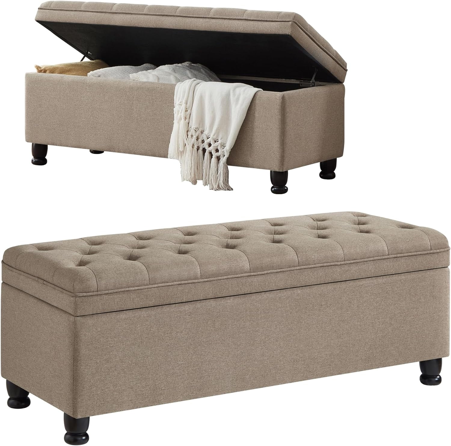 Tabaray Storage Bench, Linen Upholstered Bed End Storage Ottoman Bench ...