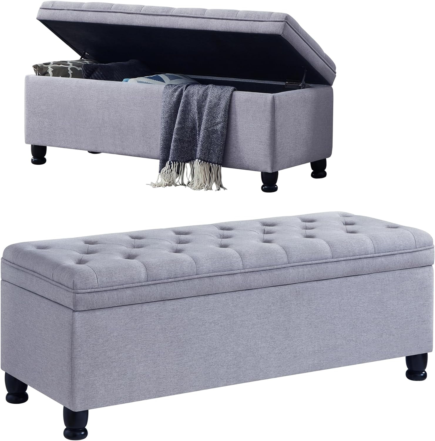 Tabaray Storage Bench, Linen Upholstered Bed End Storage Ottoman Bench ...