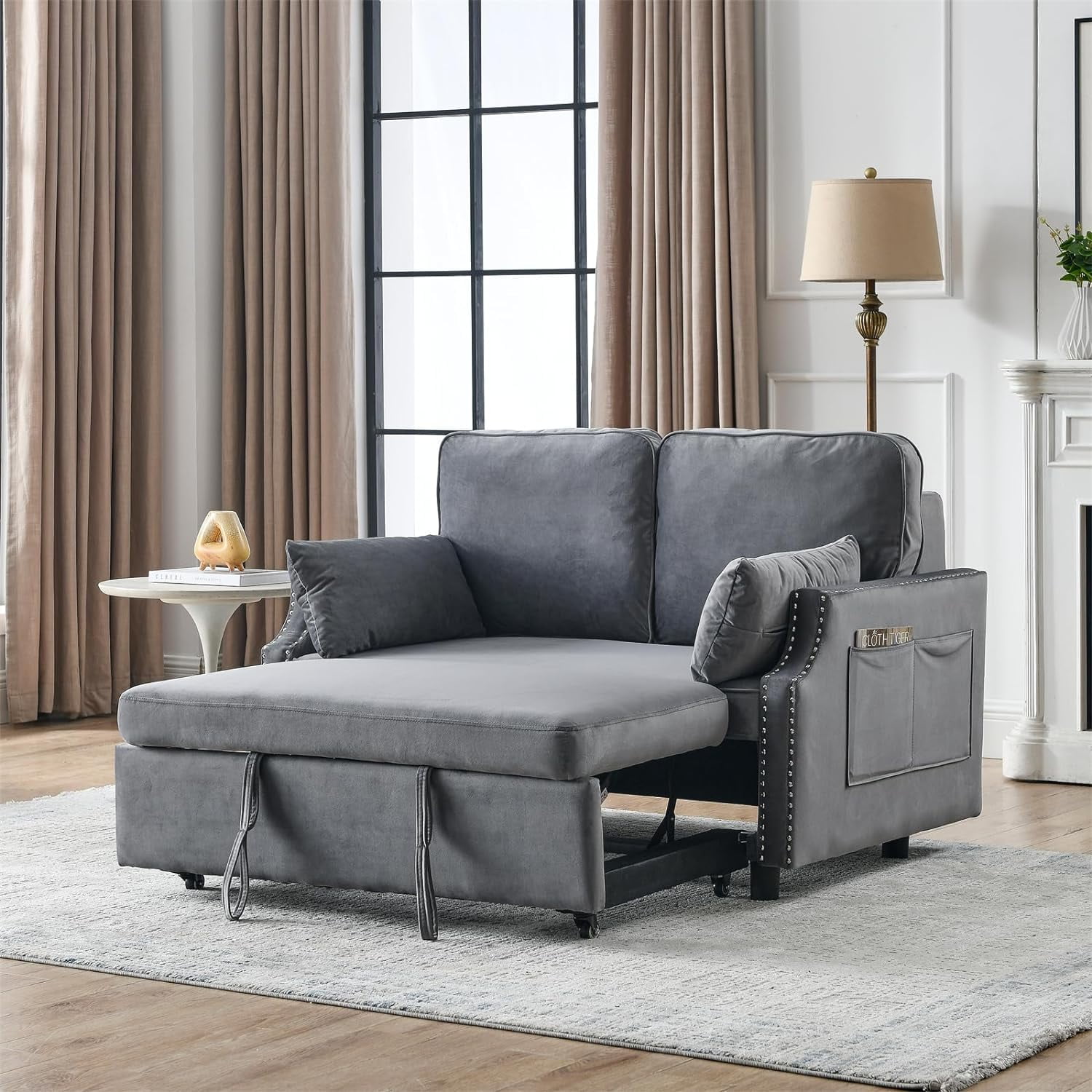 Tabaray Velvet Sleeper Sofa with Side Storage Pockets, Nailhead Design ...
