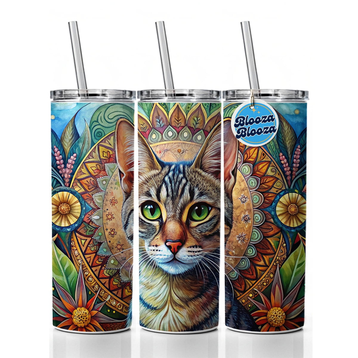 Tabby Cat Bohemian Art 20oz Insulated Water Bottle Skinny Tumbler ...