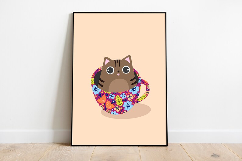 Tabby Cat Coffee Cup Poster, Coffee Cat Digital Art Print, Tabby Cat ...