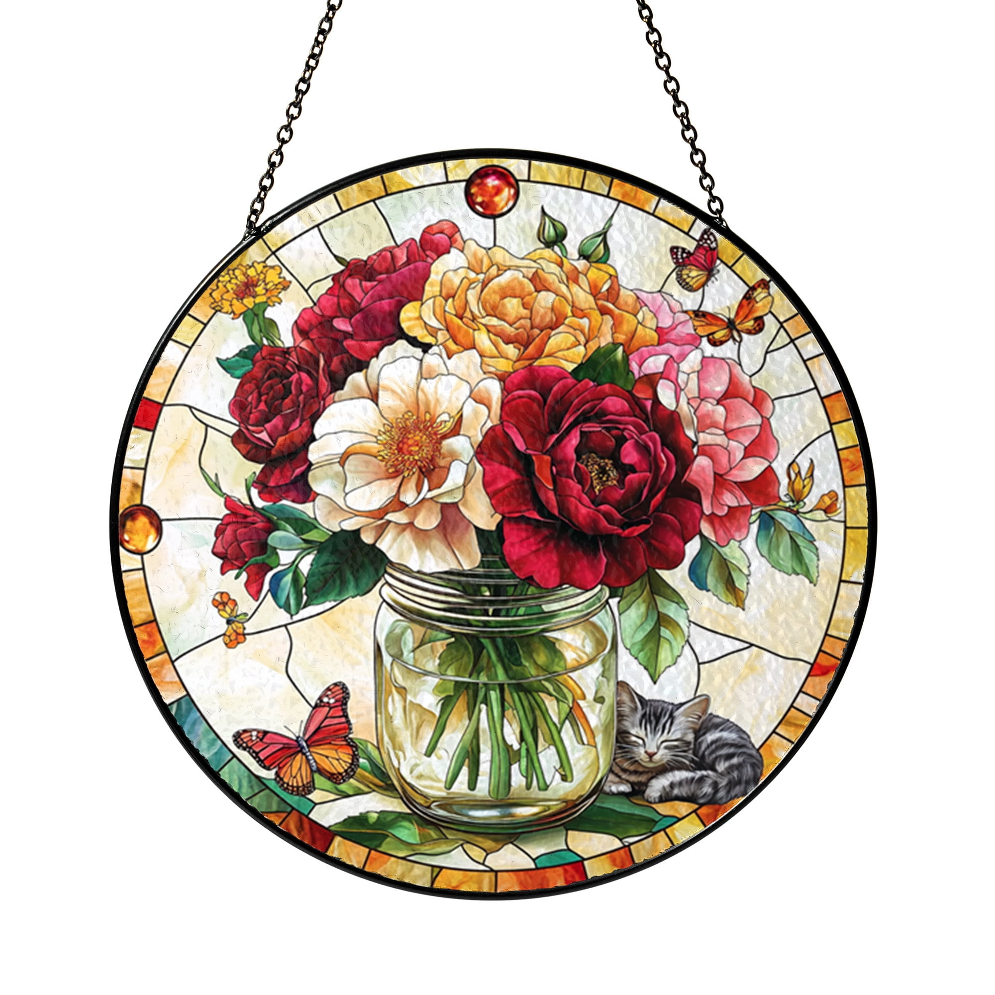 Tabby Cat Floral Stained Glass Suncatcher, Poppy Window Hanging Decor ...