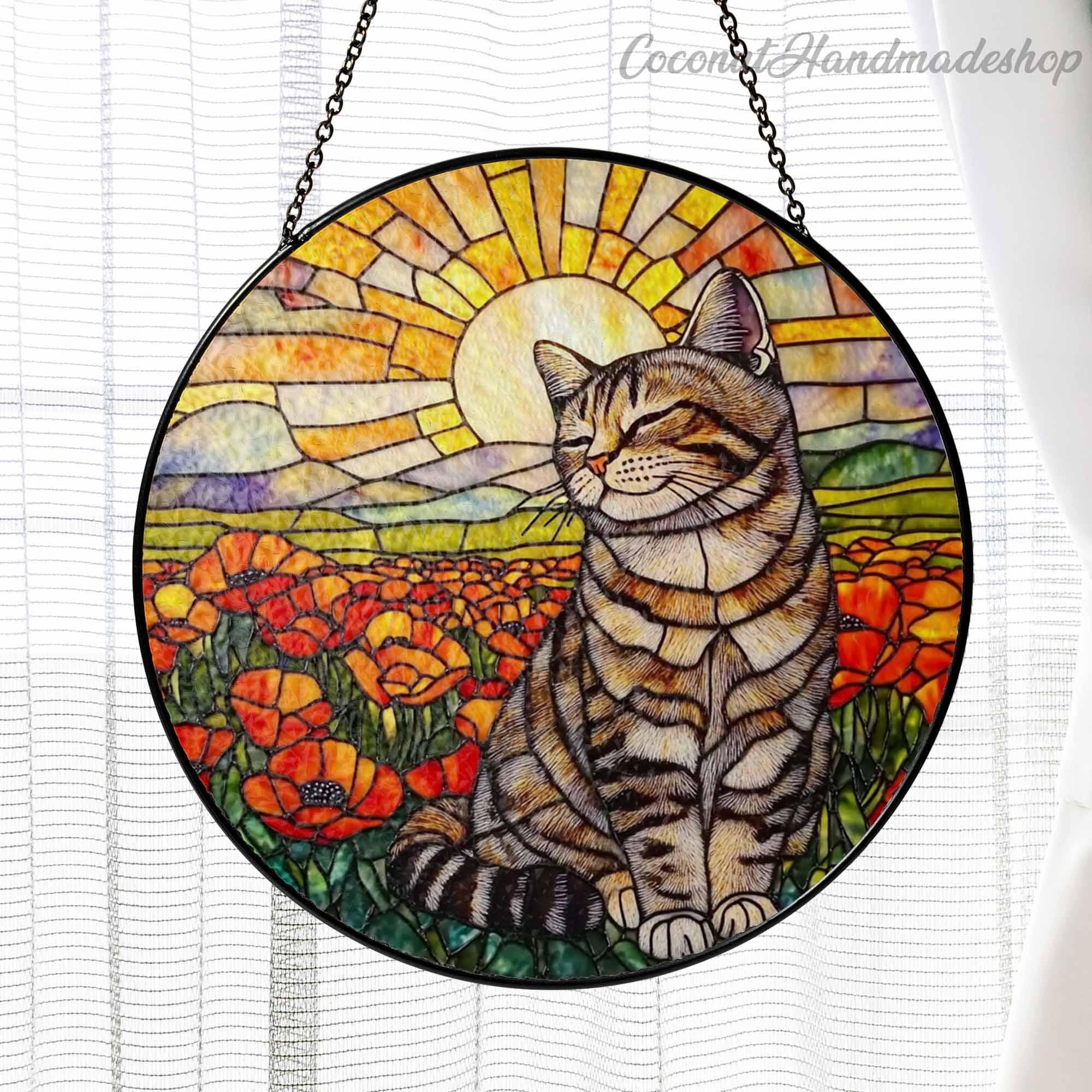 Tabby Cat Glass Suncatcher, Orange Poppies and Cat Suncatcher, Tabby ...