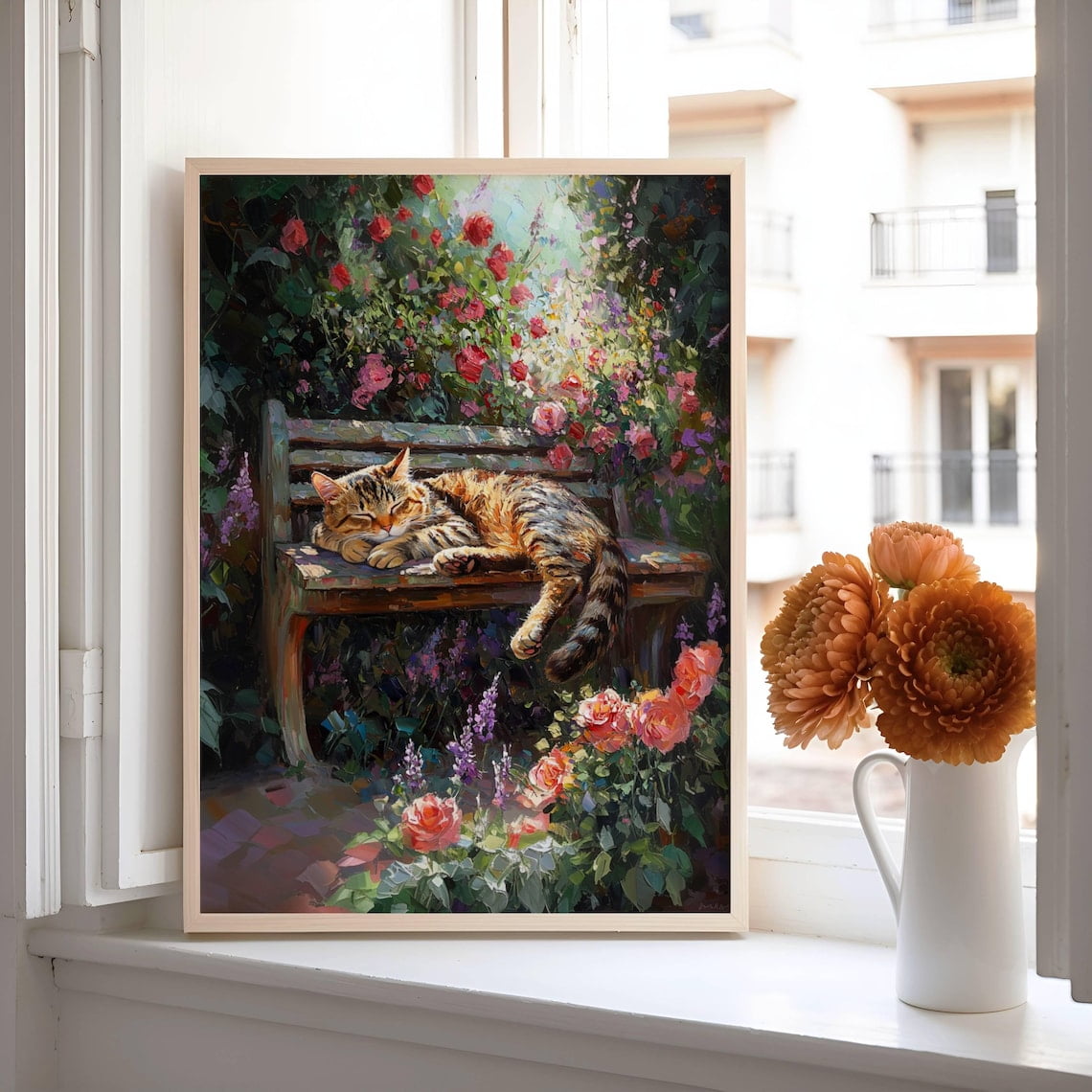 Tabby Cat In Garden Poster, Floral Cat Wall Art, Cat Lover, Gardener ...