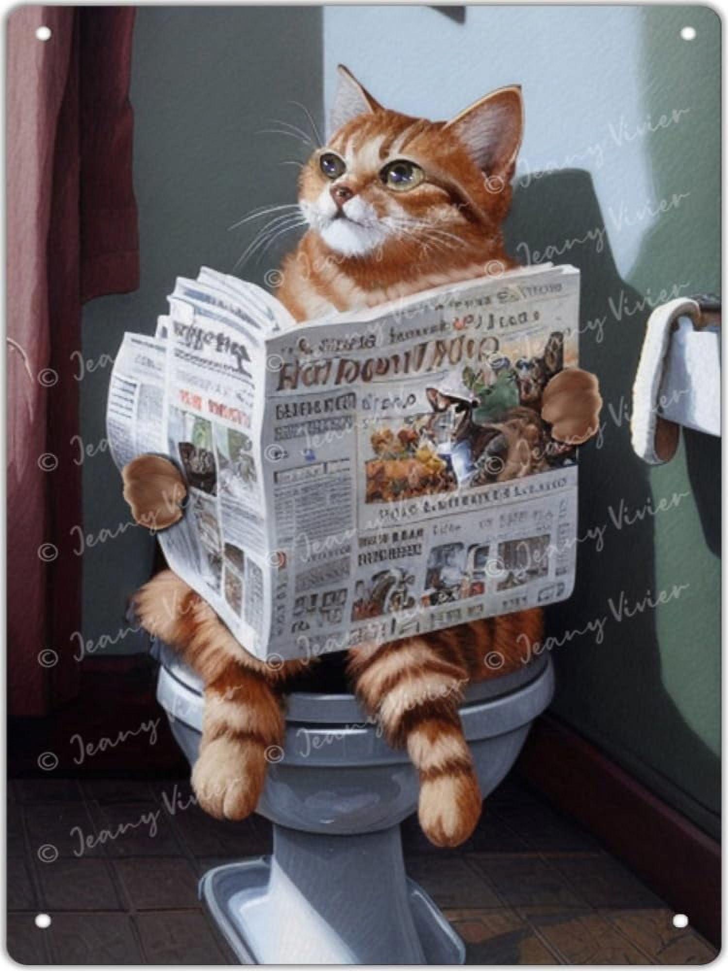 Tabby Cat Reading The Newspaper On Toilet Funny Bathroom Decor Wall Art ...