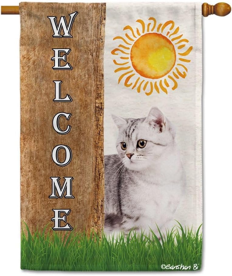 Tabby Cat Spring Summer Welcome House Flag Dog Hides Behind a Tree Sun ...