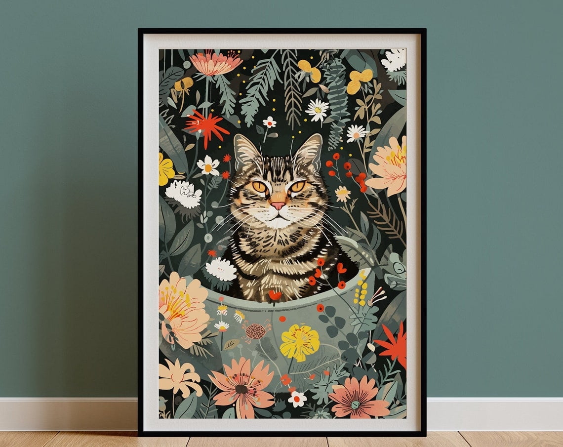 Tabby Cat Wall Art, Boho Kitten Jungle Bathtub Print, Maximalist ...