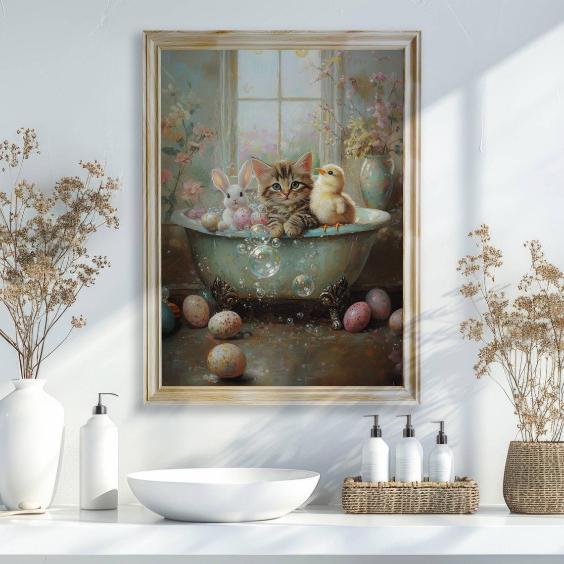 Tabby Kitten With Bunny And Baby Chick In Bubble Bath Easter, Floral ...