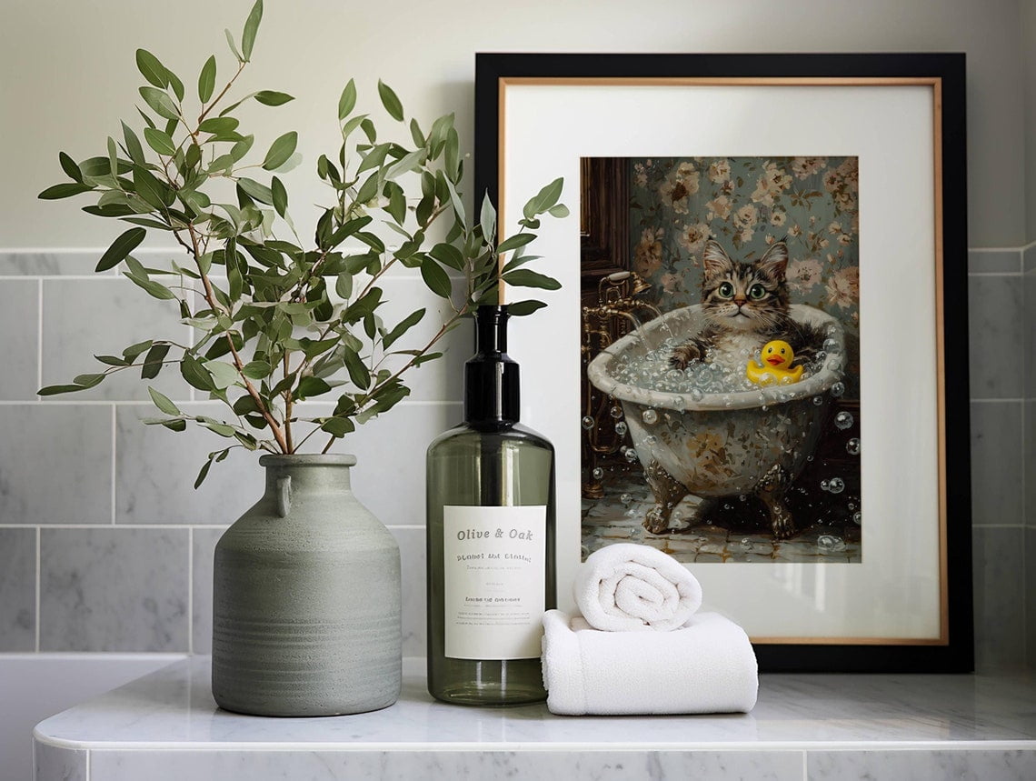 Tabby Kitten With Rubber Duck In Bathtub Poster, Feline Floral Bubble ...