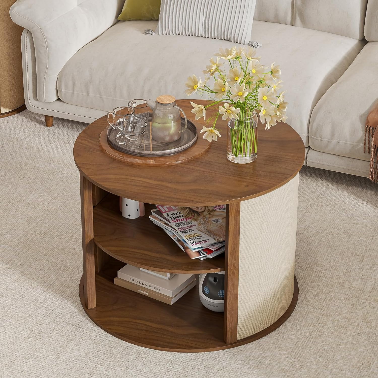 Table , 2-Tier Boho Mid Century Modern Wooden Round Center Coffee Table ...