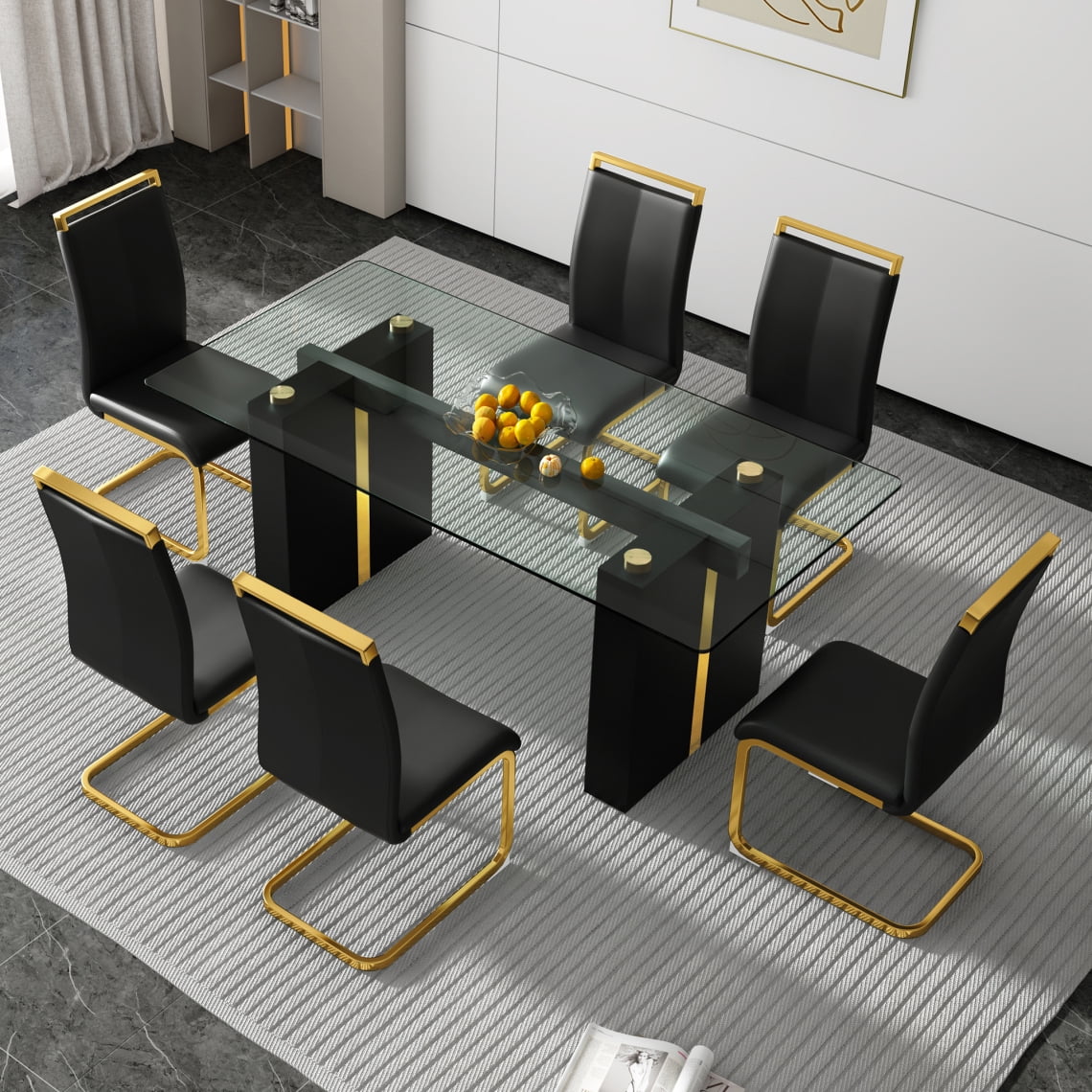 Table and 6 Chair Set, Large Modern Minimalist Rectangular Glass Table ...
