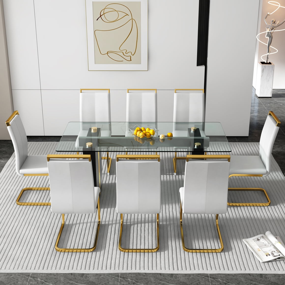 Table and 8 Chair Set, Large Modern Minimalist Rectangular Glass Table ...