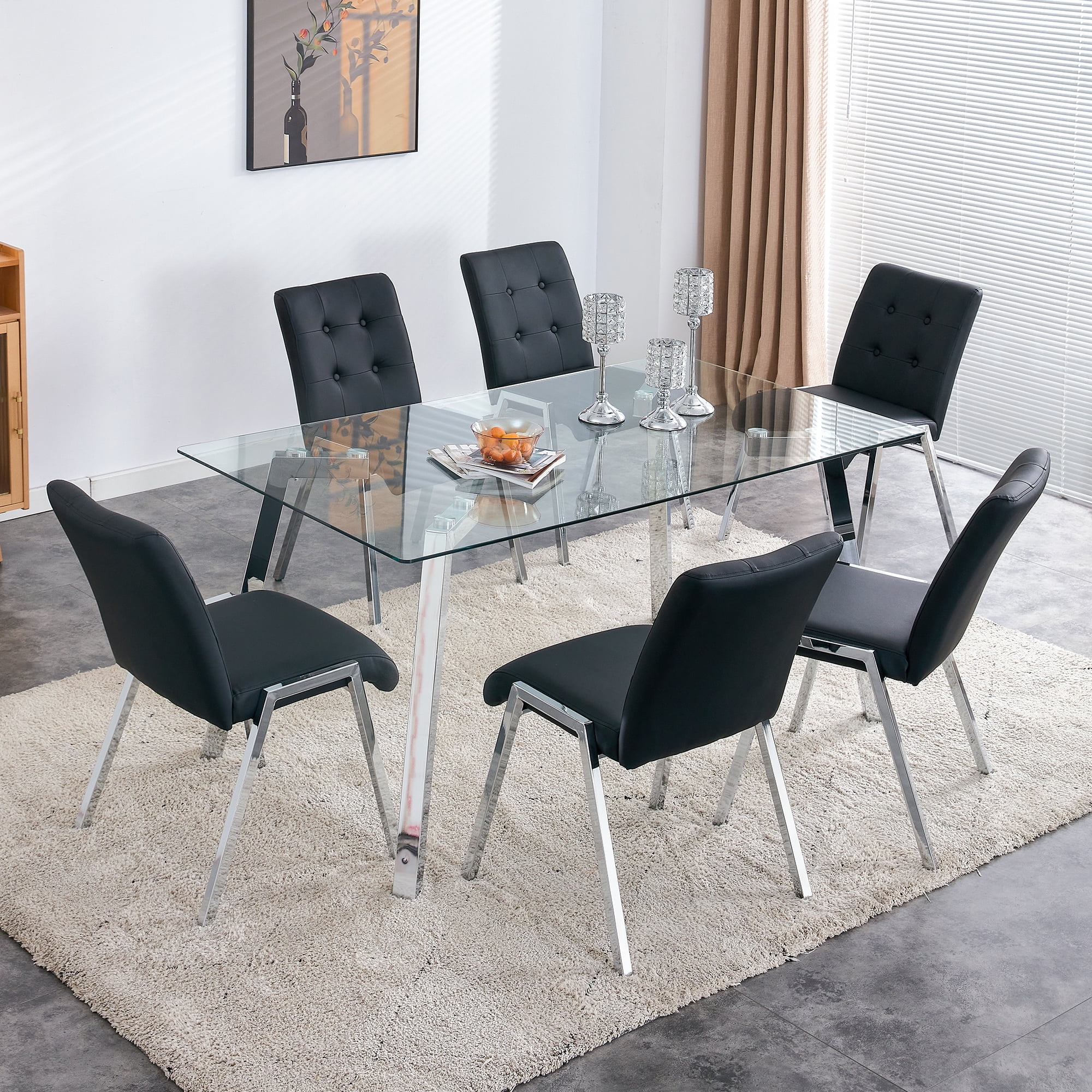 Table and Chair Set, 1 Table with 6 Black Chairs. Rectangular Glass ...