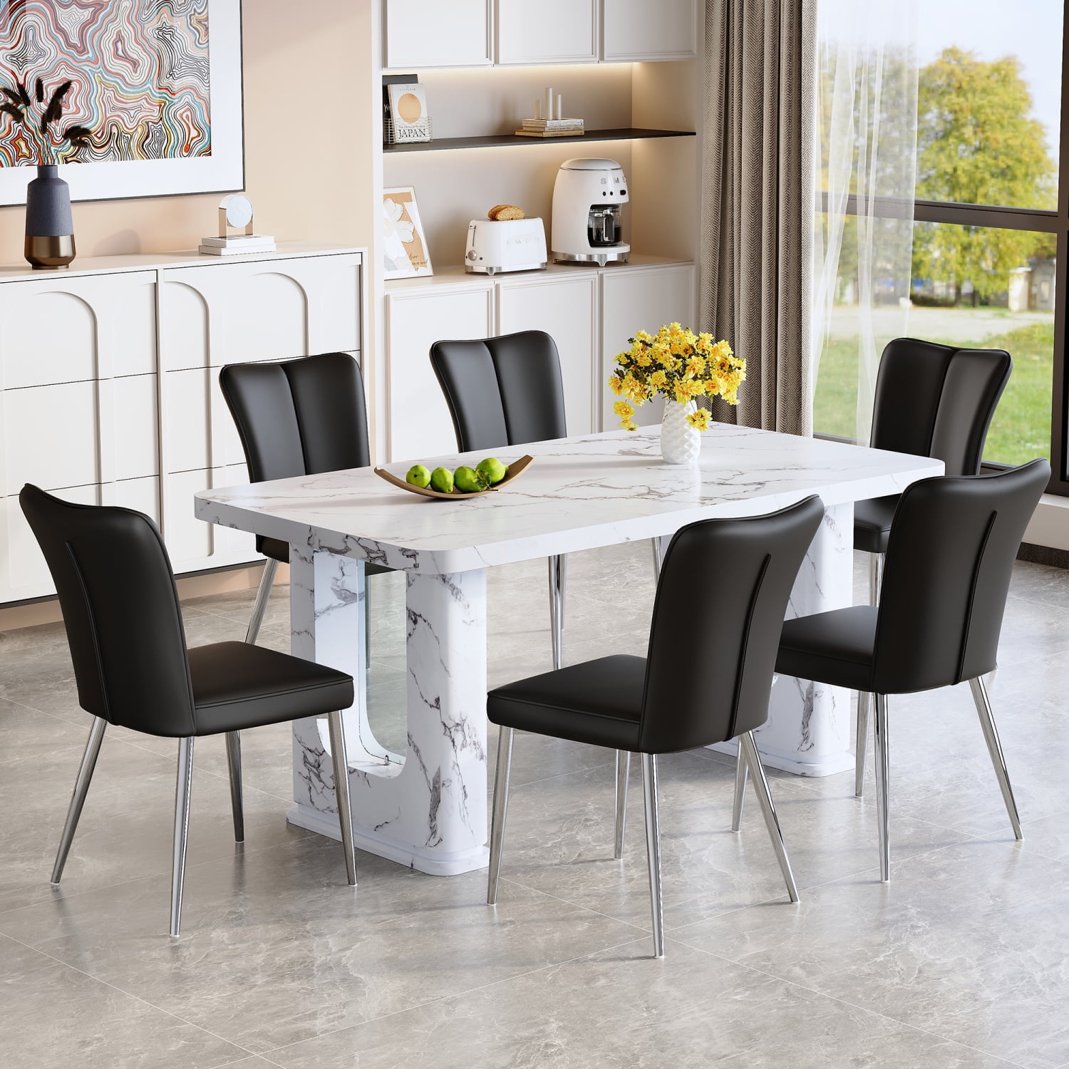 Table And Chair Set.64.5X35.4 Inch Stylish White Marble Textured Dining Table.Paried With 6 ...