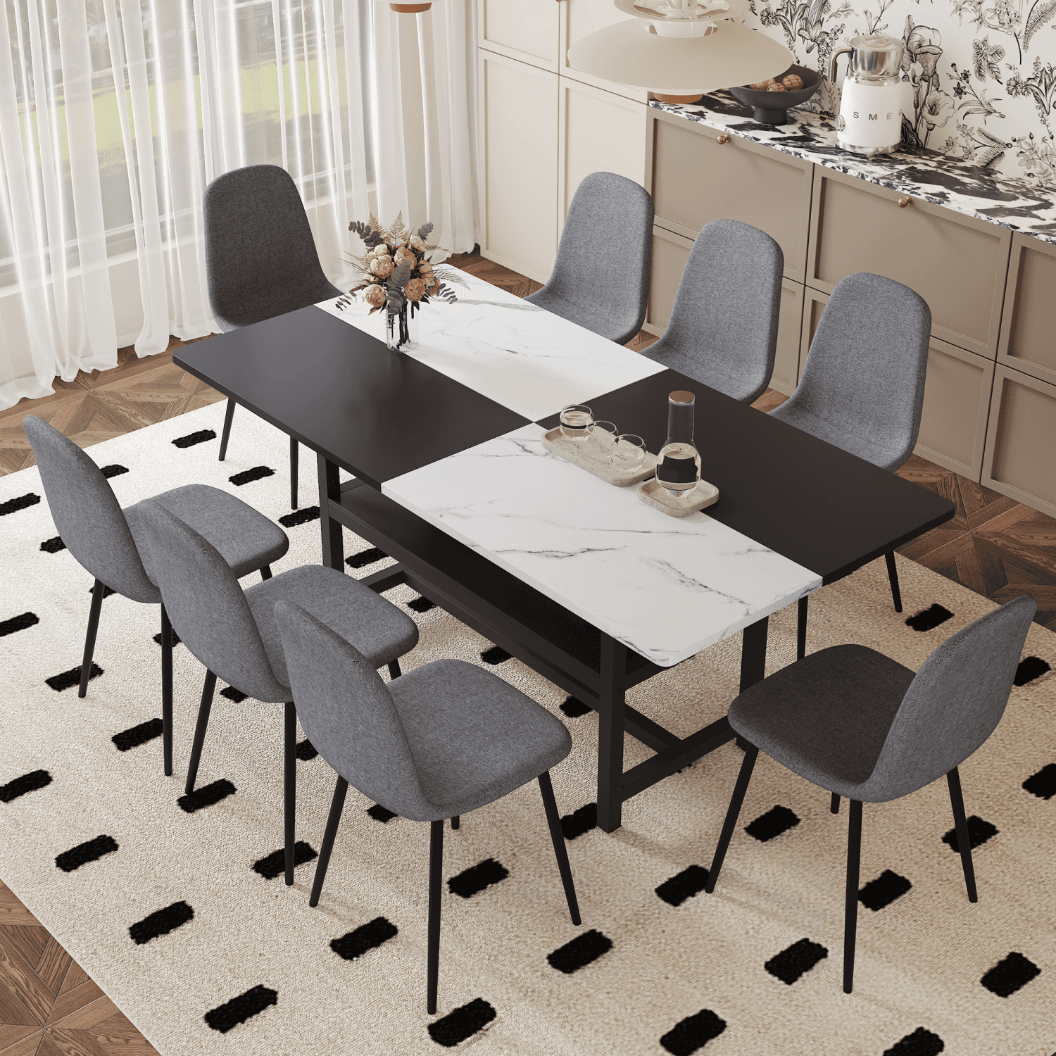 Table And Chair Set.71*35.4 Inch White And Black Spliced Dining Table ...